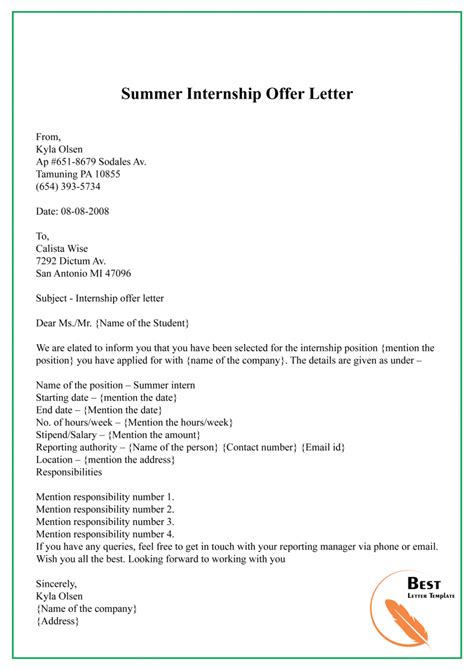 Free Internship Offer Letter Template Sample Example