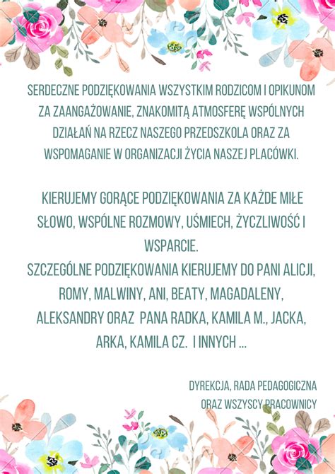 Podziękowania i życzenia wakacyjne Przedszkole