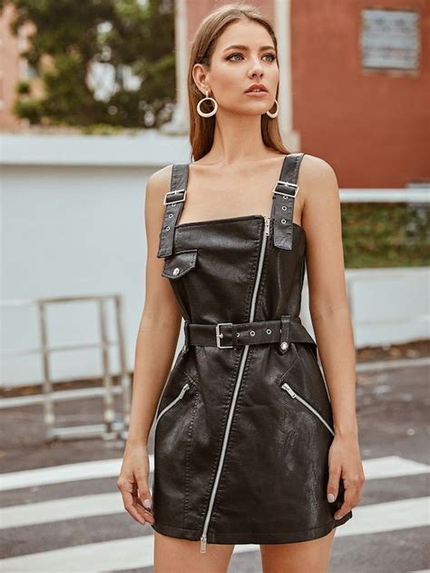 Zip Up Belted PU Pinafore Dress Pinafore Dress Dress Vintage Style
