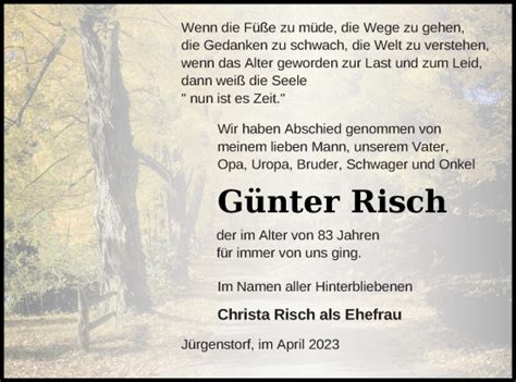Traueranzeigen von Günter Risch Trauer Nordkurier