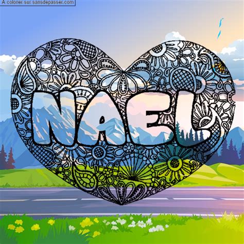Dessin colorié Coloriage prénom NAEL décor Mandala coeur par un