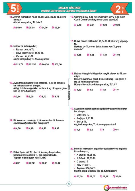 5 Sınıf Ondalık Gösterimlerle Toplama ve Çıkarma İşlemi Testi İndir