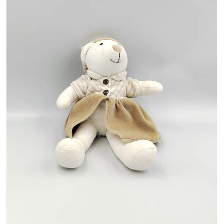 Doudou ours blanc beige rayé robe ANNA CLUB PLUSH