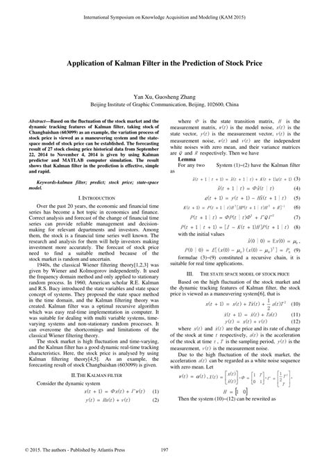 pdf application of kalman filter in the prediction of stock price