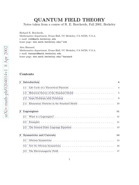 quantum field theory notes taken from a course of r e borcherds fall 2001 berkeley pdf