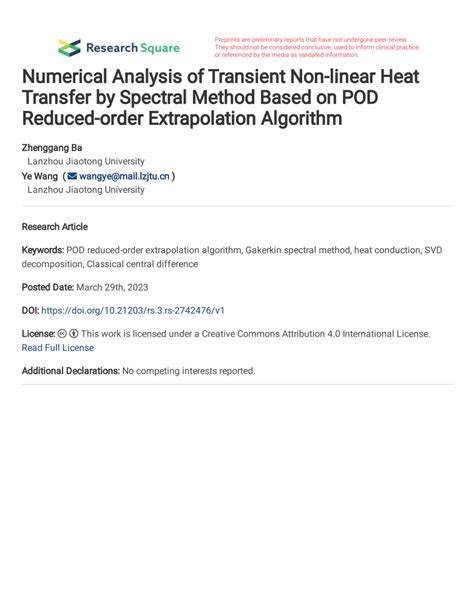 pdf numerical analysis of transient non linear heat transfer by spectral method based on pod