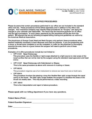 Fillable Online IN OFFICE PROCEDURES Please Speak With Our Billing
