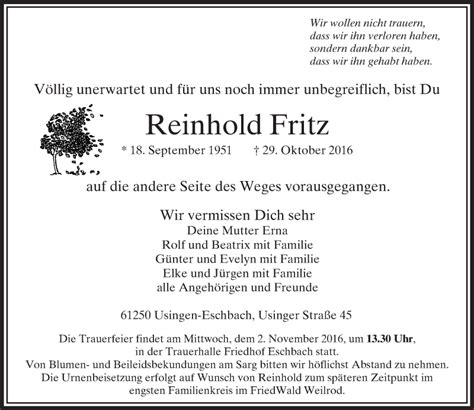 Traueranzeigen Von Reinhold Fritz Vrm Trauer De