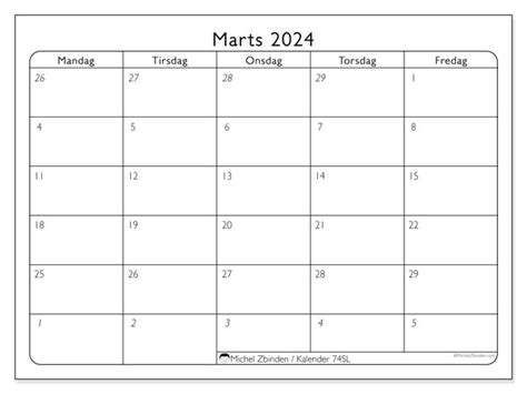 Kalender Marts 2024 Arbejdsdage SL Michel Zbinden DA