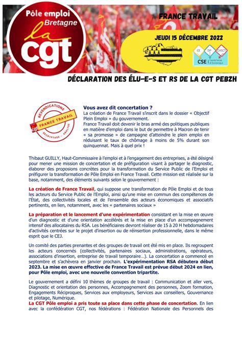 France Travail Déclaration des élu e s et RS de la CGT Pôle Emploi