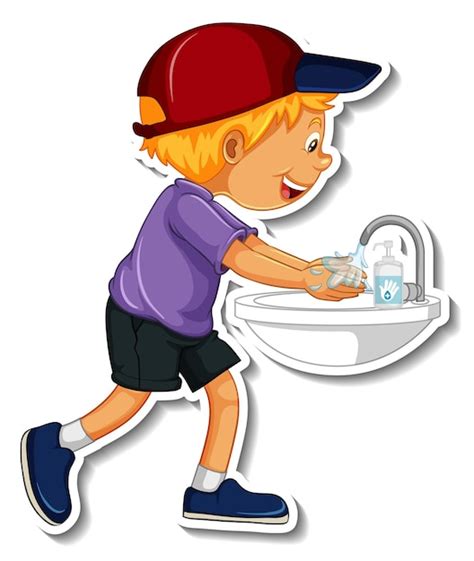 Una plantilla de pegatina con un niño lavándose las manos Vector Gratis