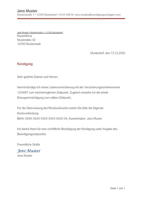 Kündigung Lebensversicherung Vorlage Muster Kuendigungsvorlagen