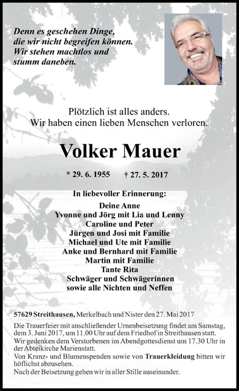 Traueranzeigen Von Volker Mauer Rz Trauer De