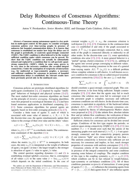 pdf delay robustness of consensus algorithms continuous time theory