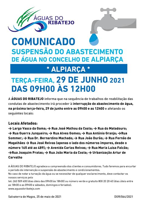 ÁGUAS DO RIBATEJO COMUNICADO SUSPENSÃO NO ABASTECIMENTO DE ÁGUA