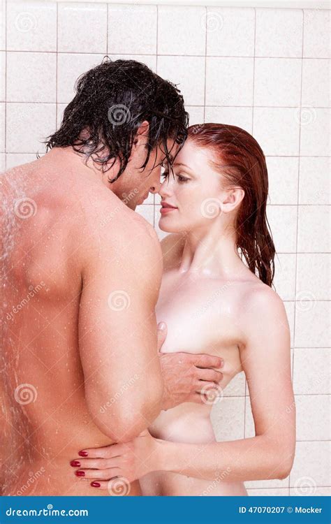 Naked Man And Woman In Love Are Kissing In Shower Stock Image Image
