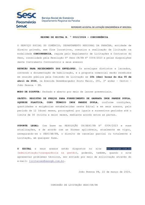 SESC RESUMO DE EDITAL N 0010 2024 CONCORRÊNCIA Portal Correio