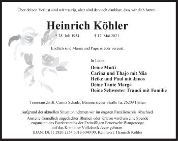 Traueranzeigen von Heinrich Köhler nordwest trauer de