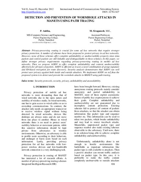 pdf detection and prevention of wormhole attacks in manets using path tracing iir