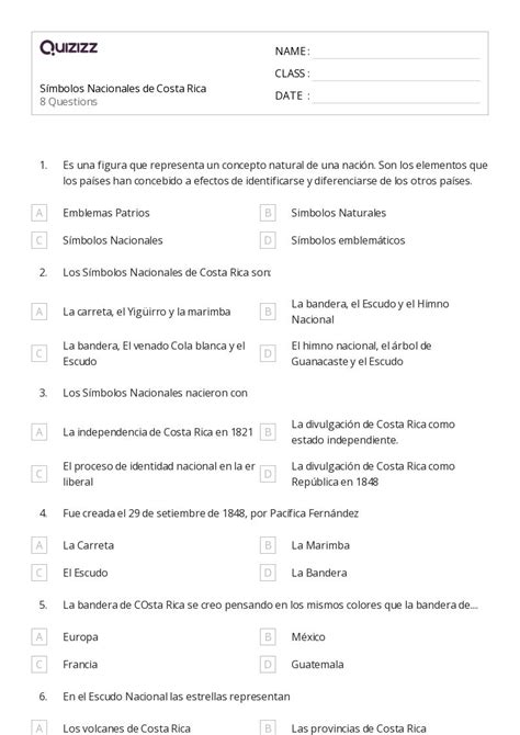 50 Símbolos nacionales hojas de trabajo en Quizizz Gratis e imprimible