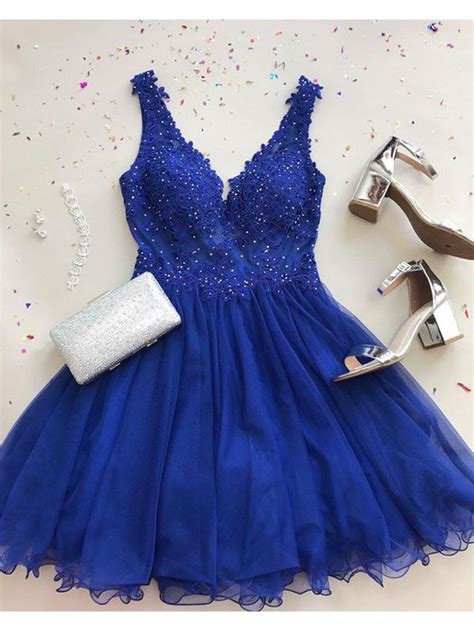 Cute A Line V Neck Royal Blue Lace Short Hoco Dress With Beading Short Party Dresses Blue