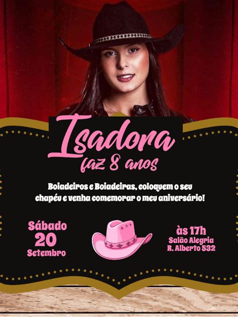 Convite Aniversário ANA CASTELA boiadeira rosa menina Edite grátis