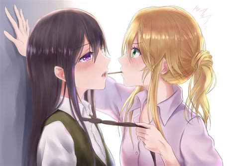 2girls Aiharamei Aiharayuzucitrus Blackhair Blondehair Blush Citrussaburouta Food