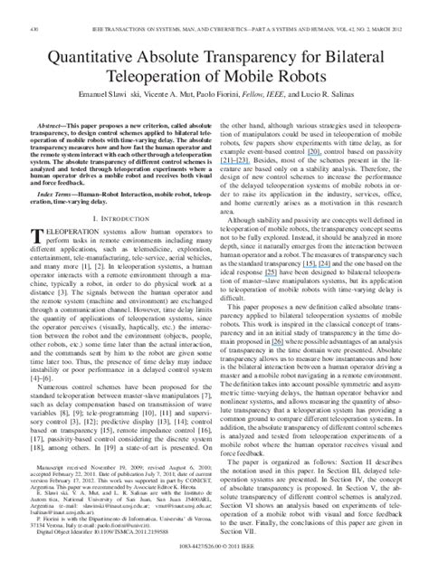 pdf quantitative absolute transparency for bilateral teleoperation of mobile robots lucio