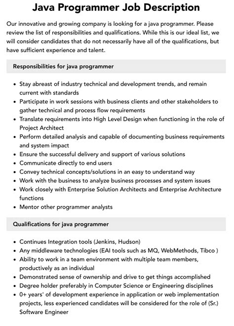 Java Programmer Job Description Velvet Jobs
