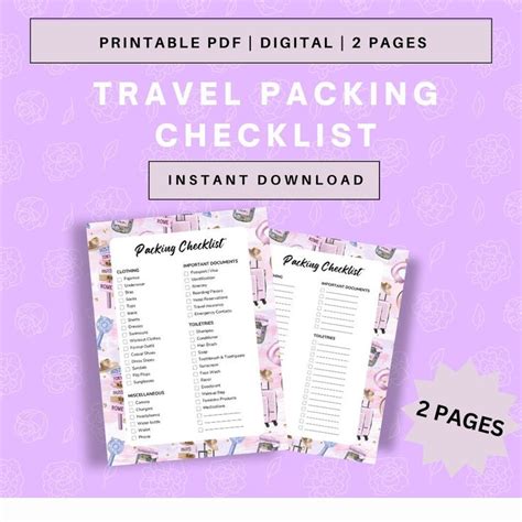 The Printable Travel Packing Checklist Is Shown On A Purple Background