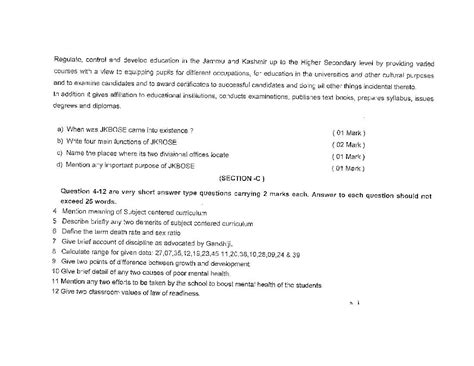 Jkbose Class Th Model Question Paper For Education Jk Board