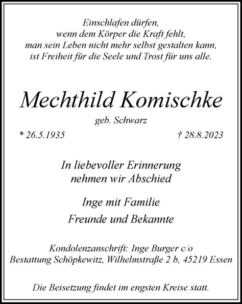 Traueranzeigen Von Mechthild Komischke Trauer In NRW De
