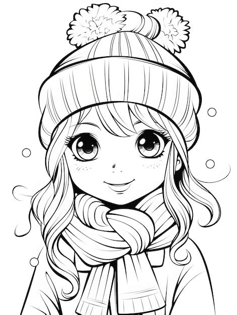 Hermosa chica anime para colorear página en blanco y negro Foto Premium