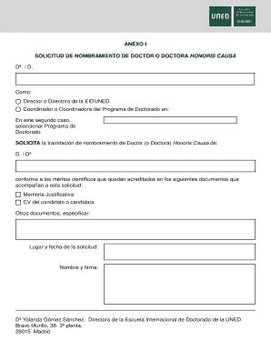 Completable En línea ANEXO I SOLICITUD DE NOMBRAMIENTO DE DOCTOR O