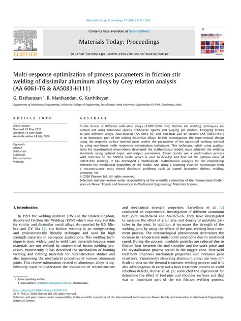 pdf multi response optimization of process parameters in friction stir welding of dissimilar