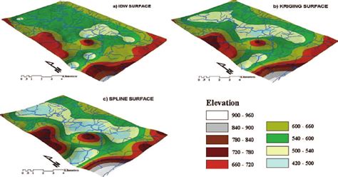 Three Interpolation Surfaces Generated Using A IDW B Kriging And