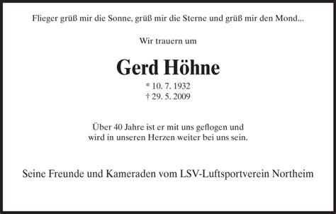 Traueranzeigen von Gerd Höhne Trauer HNA de