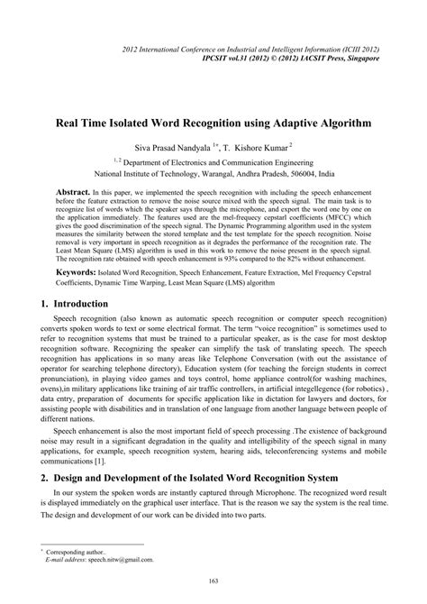 pdf real time isolated word recognition using adaptive algorithm