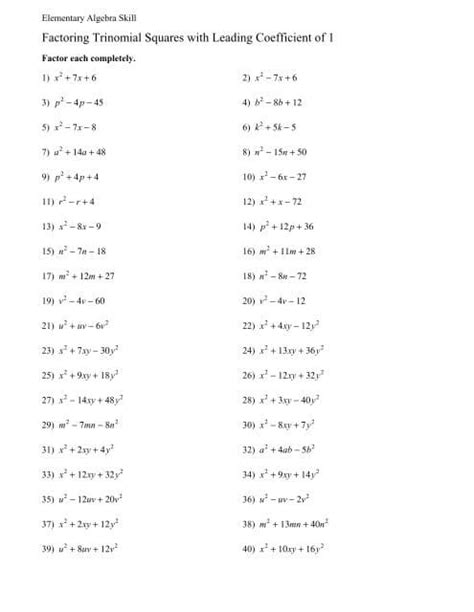 Factoring Trinomials With Leading Coefficient Of 1 Worksheet