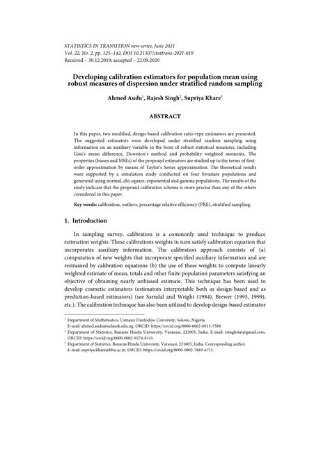 pdf developing calibration estimators for population mean using robust measures of dispersion