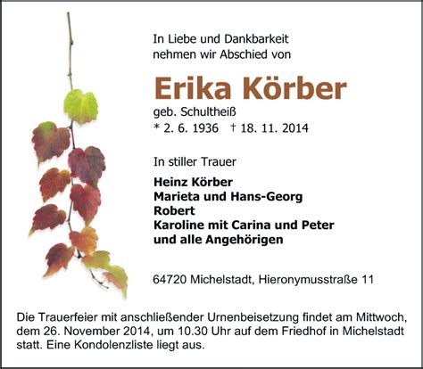 Traueranzeigen von Erika Körber vrm trauer de