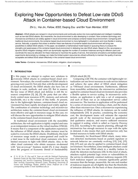 pdf exploring new opportunities to defeat low rate ddos attack in container based cloud