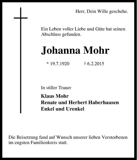 Traueranzeigen Von Johanna Mohr Trauer In NRW De