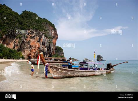Traditional Thai Boat On Phra Nang Cave Beach Railay Krabi Thailand