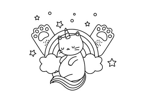 레인보우와 함께 자고 있는 유니콘 고양이 색칠 온라인에서 무료로 다운로드 인쇄 또는 색칠하기