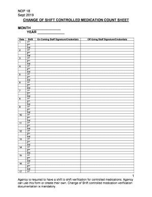Change Of Shift Controlled Medication Count Sheet Fill And Sign