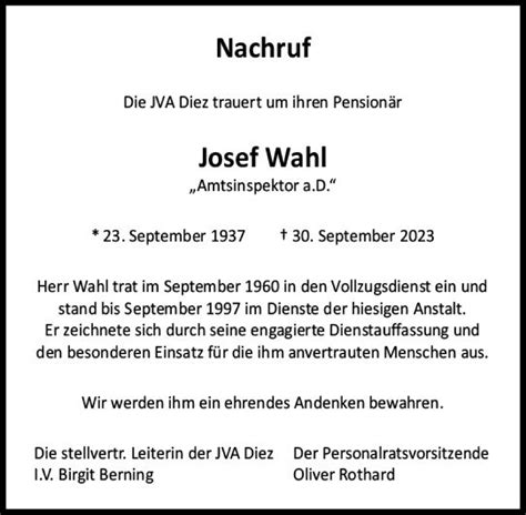 Traueranzeigen Von Josef Wahl Vrm Trauer De
