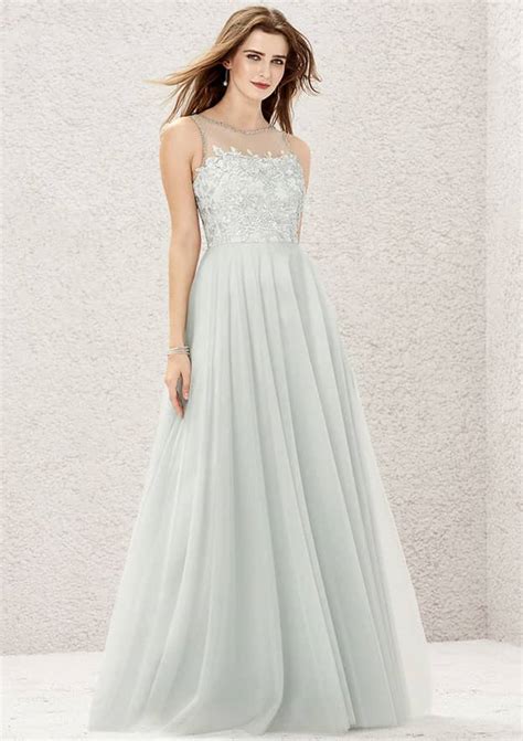 A Line Illusion Neck Sleeveless Long Floor Length Tulle Satin