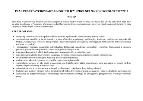 PDF PLAN PRACY WYCHOWAWCZEJ ŚWIETLICY SZKOLNEJ NA PLAN PRACY