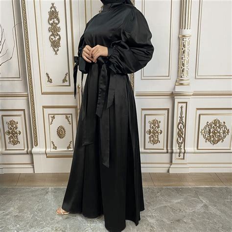 Muslim Satin Maxi Abaya Kaftan Ramadan Women Dress Arab Dubai Robe